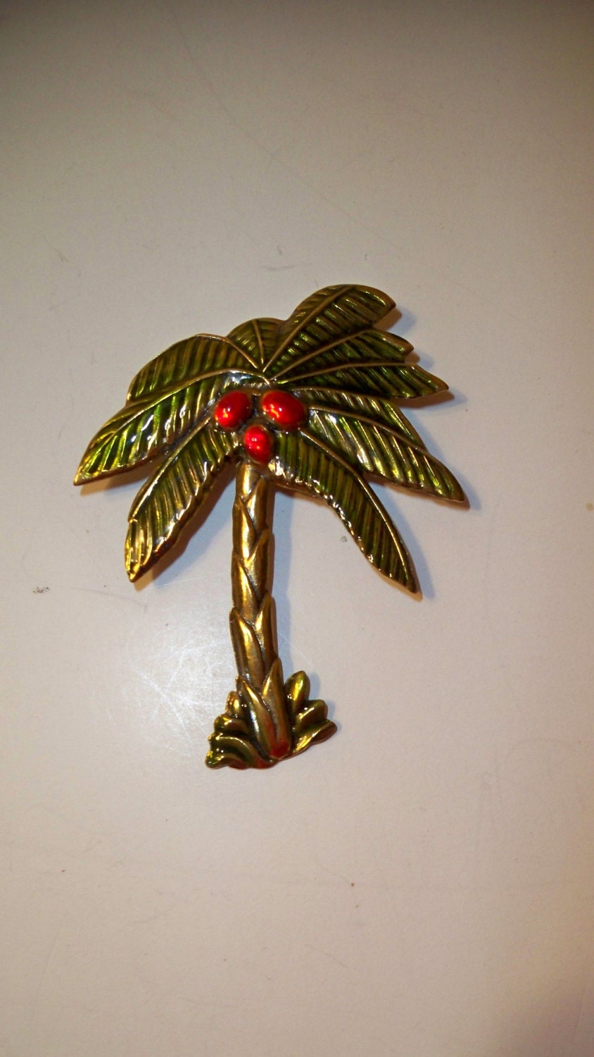 Palm Tree Brooch Vintage Brass Detailed Palm Tree Pin with Red Jeweled ...