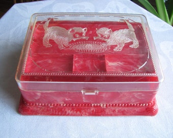 Vintage Pink Marbleized Celluloid Jewelry Box, Sewing Box, With Cats ...
