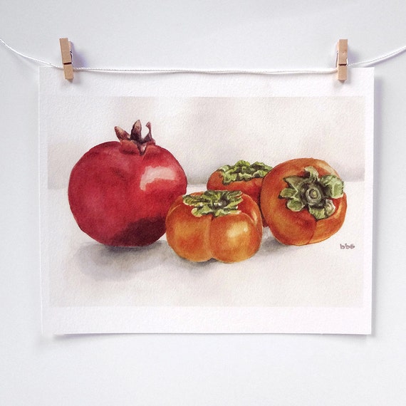 aquarelle art fruit peinture kaki et Grenade orange et