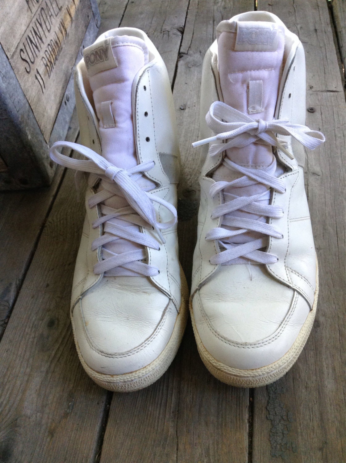Vintage 1980's Pony White Leather Hi Top Sneakers size 9.5