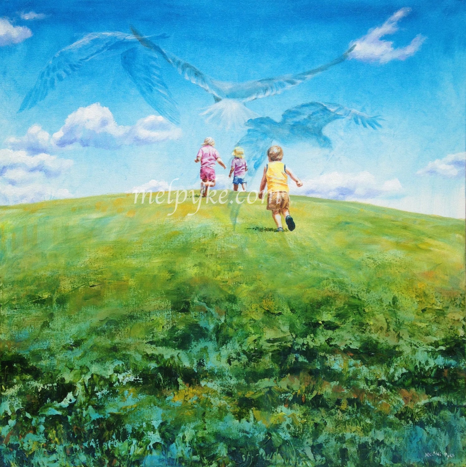 Freedom Original painting of 3 children running up a hill