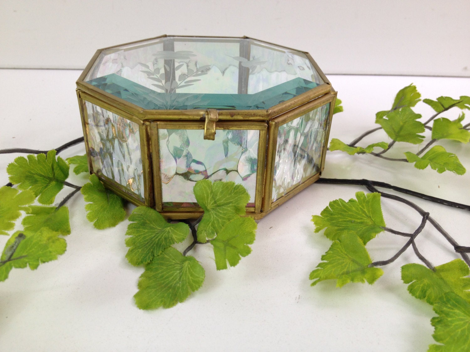 Vintage Octagonal shaped Beveled Glass and Brass Display Box with ...