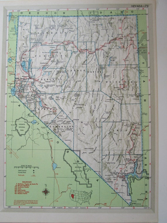 NV NH Vintage 1952 NEVADA Railroad Map. by OriginalAntiqueMaps