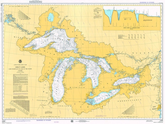 1975 Nautical Chart of The Great Lakes