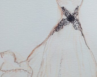 Wedding dress drawing, Light peach and ivory with black lace details ...
