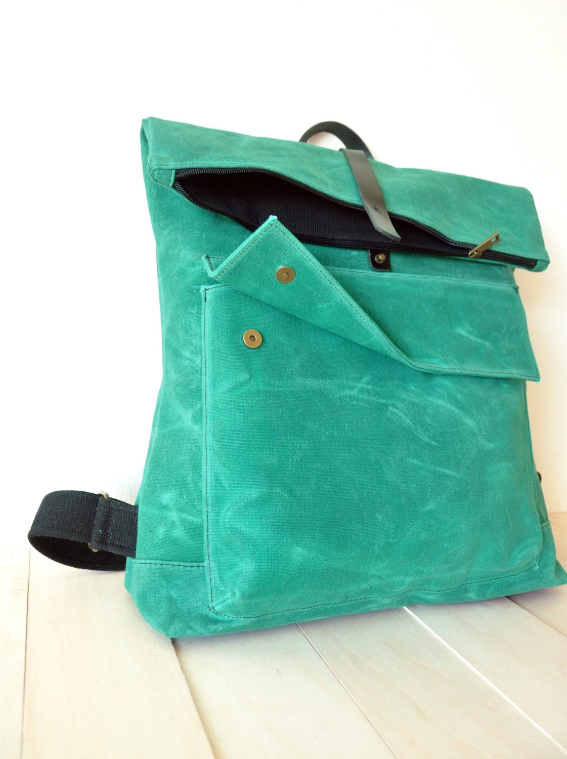 Waxed Canvas Backpack in Turquoise Adjustable Cotton by metaphore