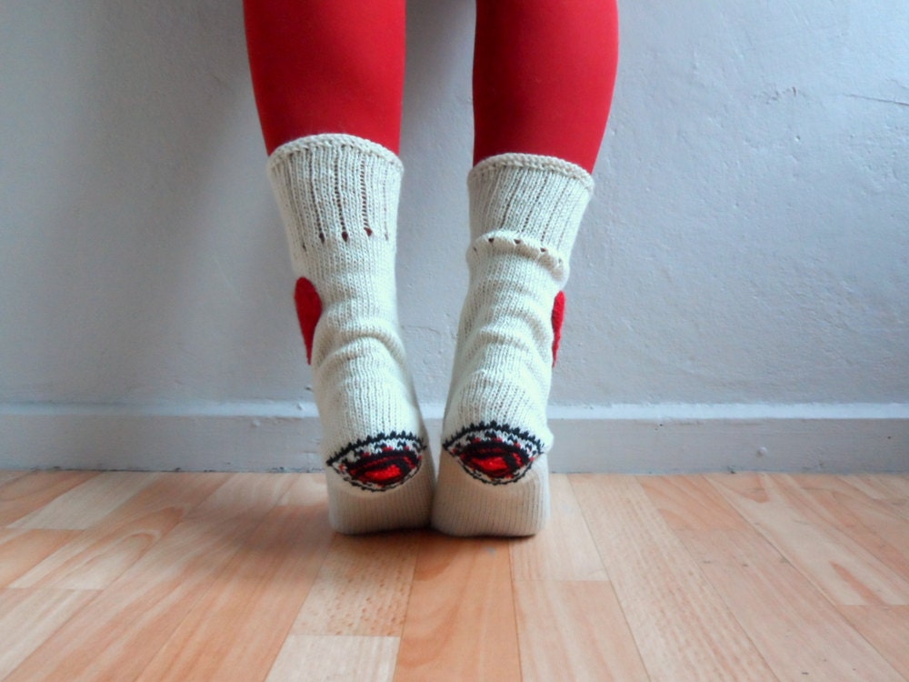 Cream Wool Socks Heart Socks Knit Wool Socks Unisex Socks