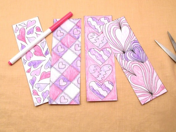 Items similar to Hearts Bookmarks, Printable Valentine's Day Coloring ...