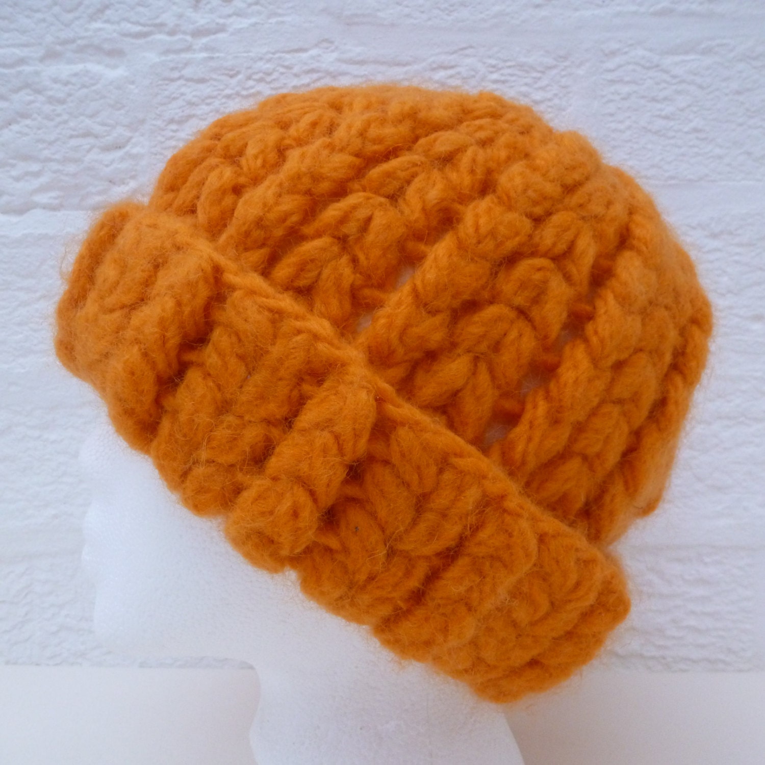 Womans beanie mens handmade wool hat orange beanie chunky hat 60s ...