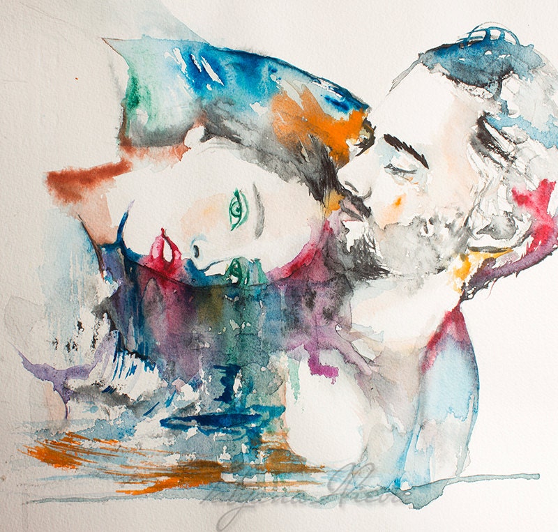 Original Watercolor Painting Water Color Love . Portrait of