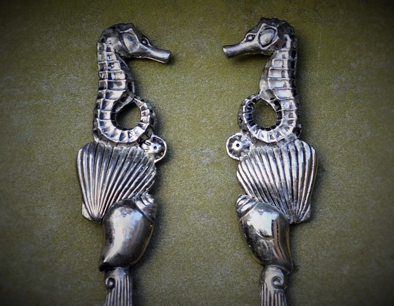 Nautical Vintage Silver Plate Serving Utensils // Sea Horse Salad ...