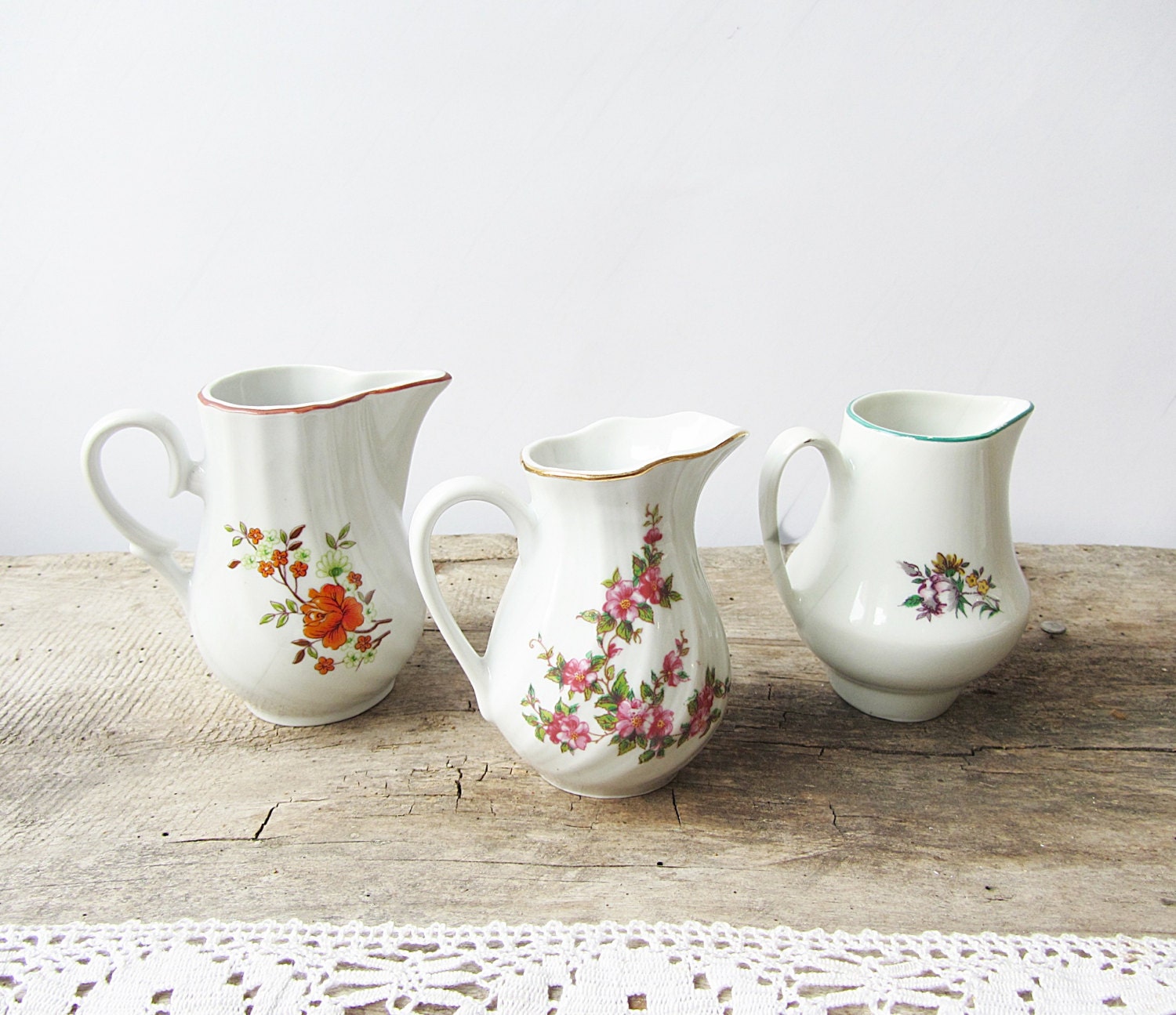 Vintage Porcelain pitcher set of 3,Creamer,Floral watering jug,Cream ...