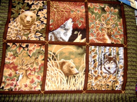 Wolf Bear Deer Autumn Fleece Throw Blanket by BearsBlanketsQuilts