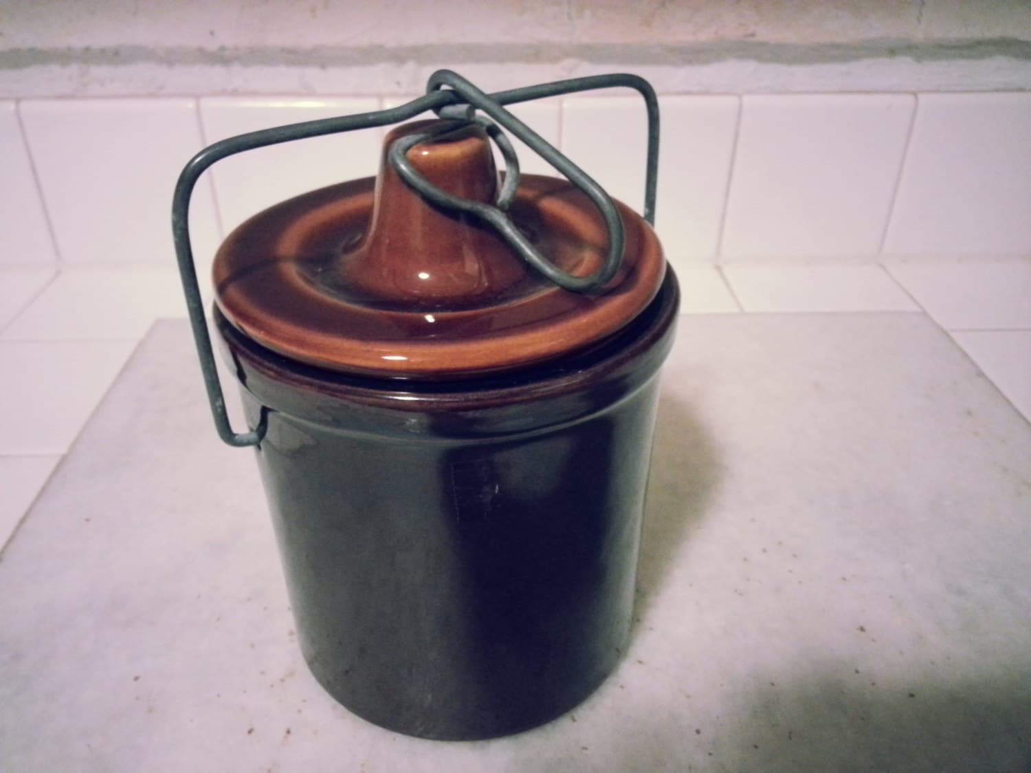 Vintage Mini Brown Crock with Locking Lid