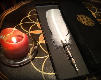 HandCast w Bone Carving - FEATHER QUILL PEN - Ink Dip Pen Set - Feather ...