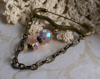 Kilt Pin Brooch - Pink Czech Glass - Antique Bronze Branch Pin - Vintage Inspired