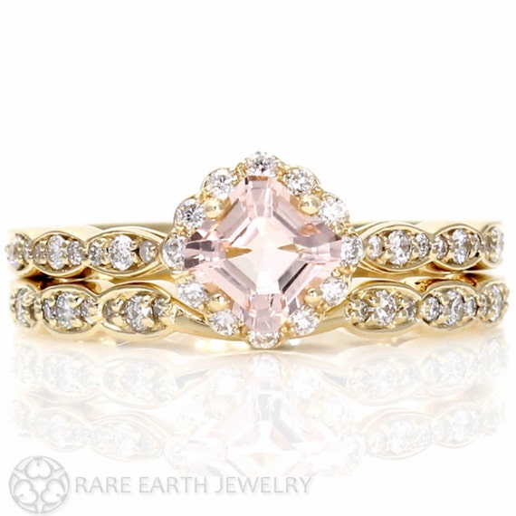 14K Asscher Morganite Wedding Set Morganite by RareEarth on Etsy