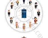 Pixel (8 bit) 13 Doctors with TARDIS and Gallifreyan Symbol