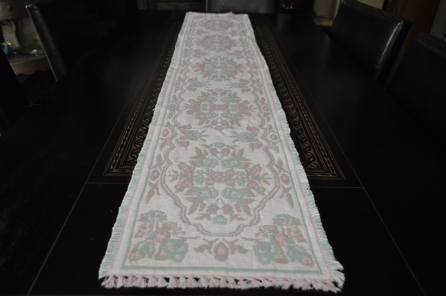 Large table runner from Windham Weavers, India. Flower design in pastel ...