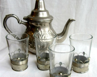 Tea set from Morocco - teapot and 4 glasses with holding