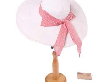 white pink ribbon summer straw hat wide brim sunhat beach hat pool hat ...