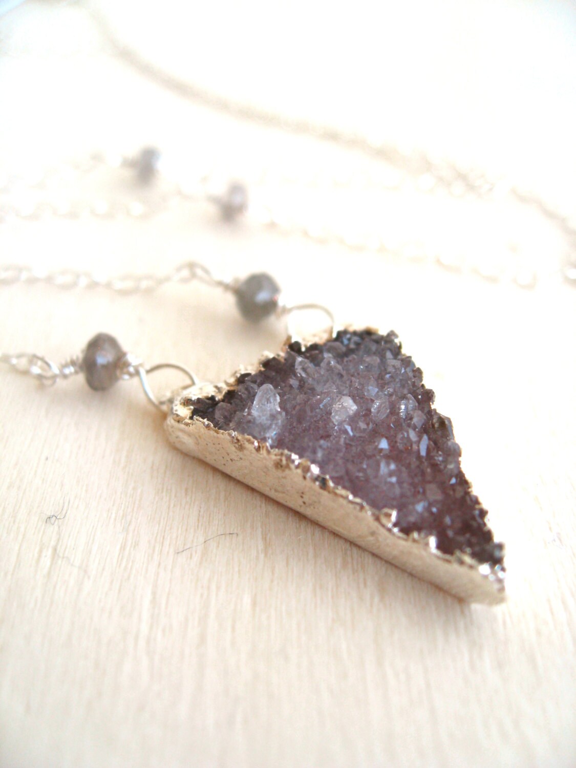 Gray druzy triangle necklace Sterling silver Moonstone by Vitrine