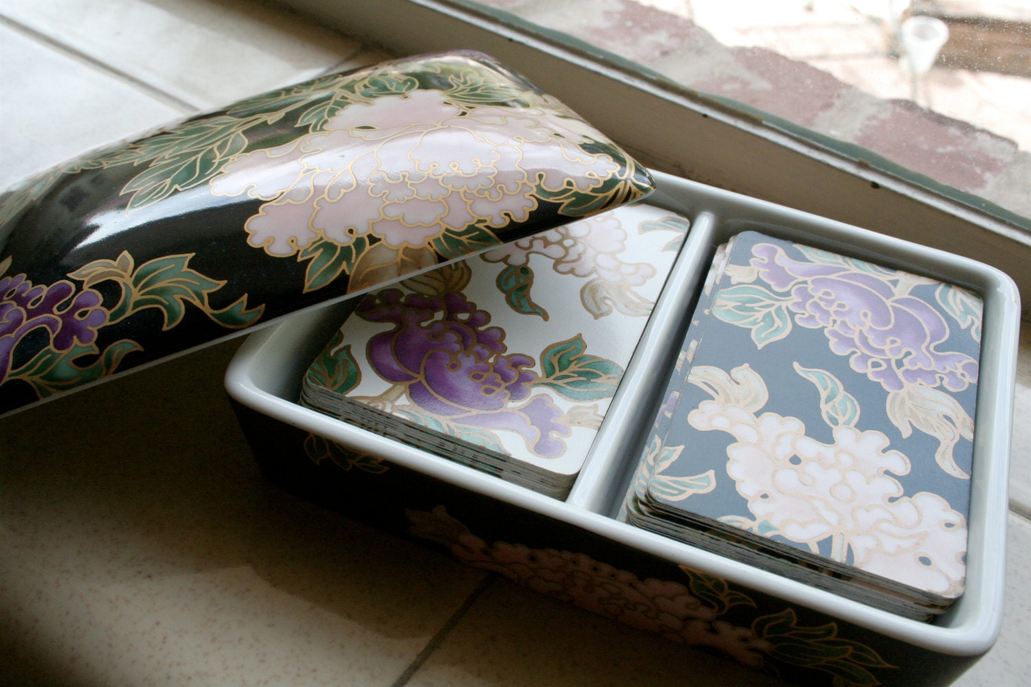 FITZ & FLOYD Fine Porcelain playing card box with matching cards Japan ...