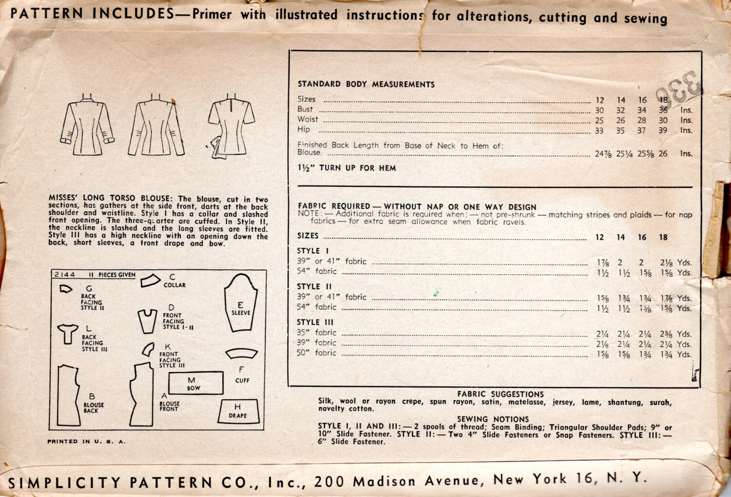 1940s Long Fitted Blouse Pattern Vintage by ErikawithaK on Etsy