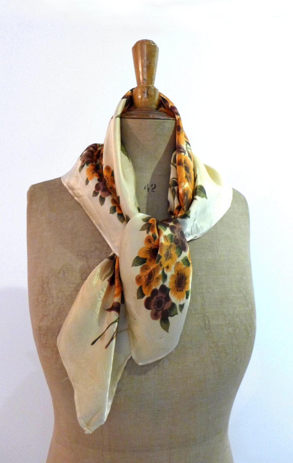 Vintage mid century 1950s 1960s orange and green silk floral scarf
