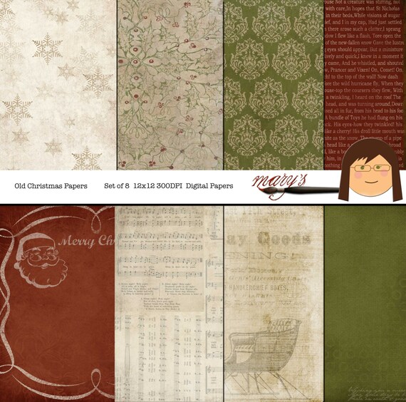 Old Christmas Papers 8 pack 12x12 & 8.5x11 digital