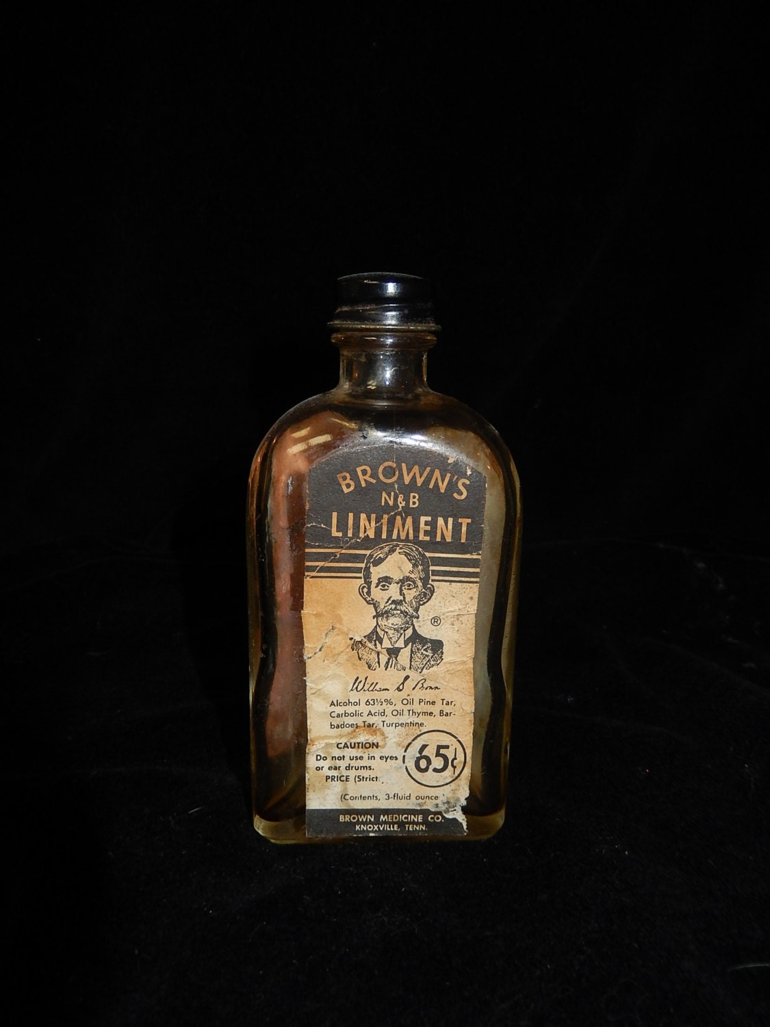Antique Browns Liniment triangle bottle with 3 labels Brown