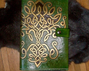 Ready to ship! Green and gold celtic tree leather book cover.