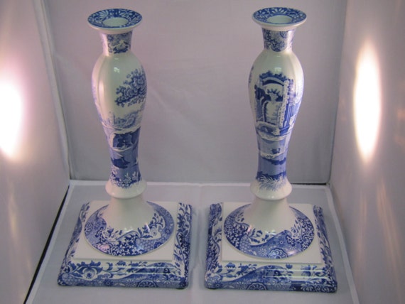 Spode Blue Italian 12 Candlesticks Matched Pair