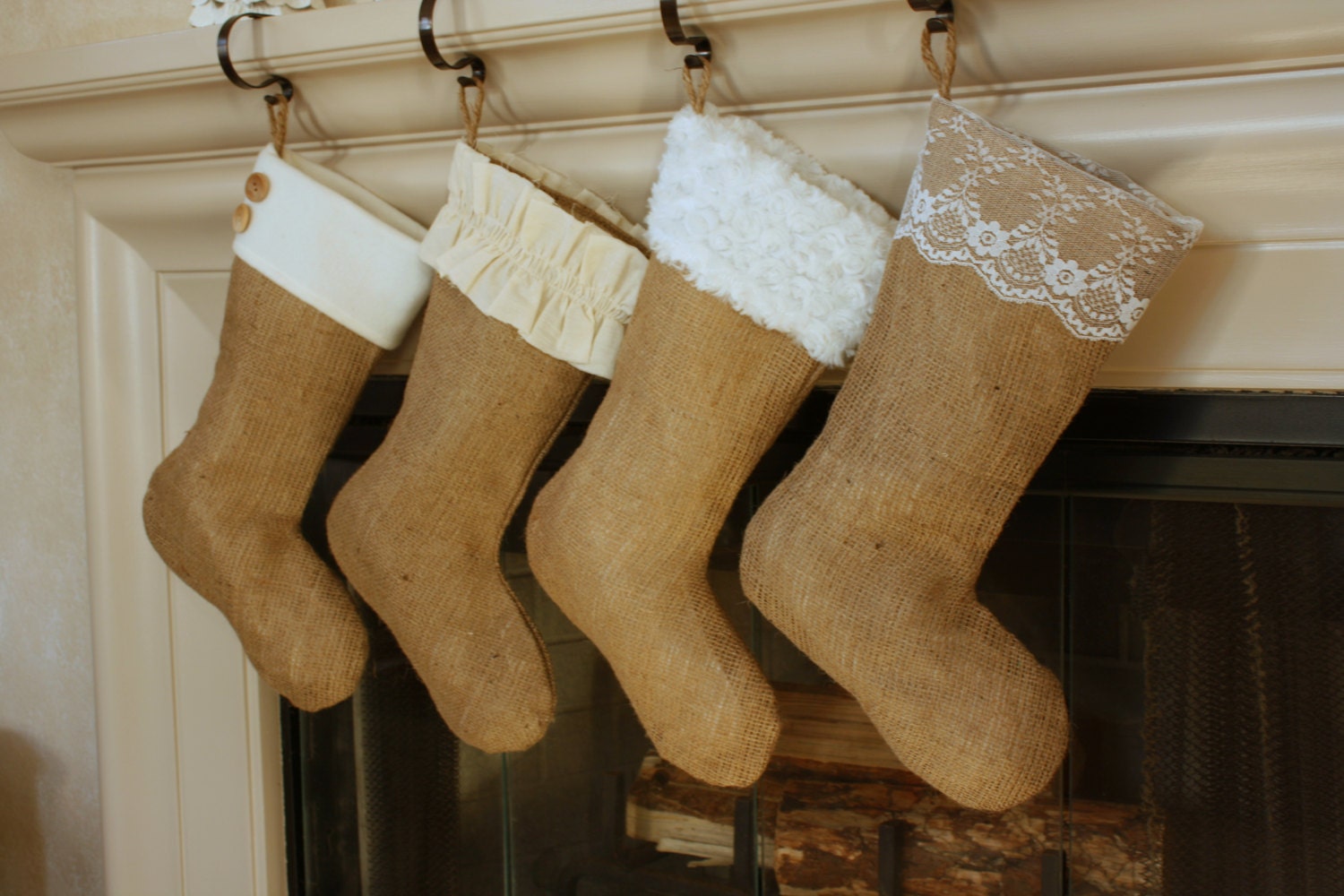 The Classic Cream Line Set of Four 4 Burlap Stockings