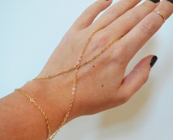 Items similar to 14K Gold Hand Chain, Finger Bracelet, Chain Ring ...