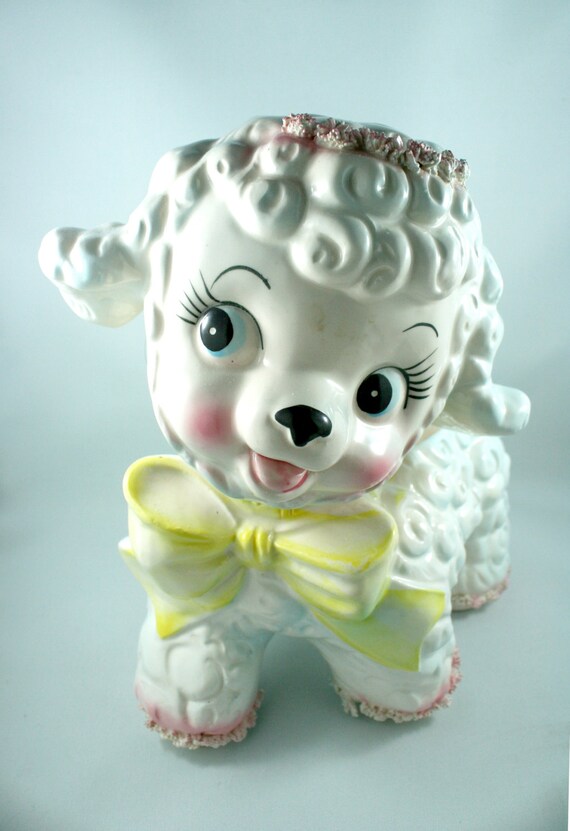 vintage Ceramic Lamb Figurine Planter Nursery Big Eye
