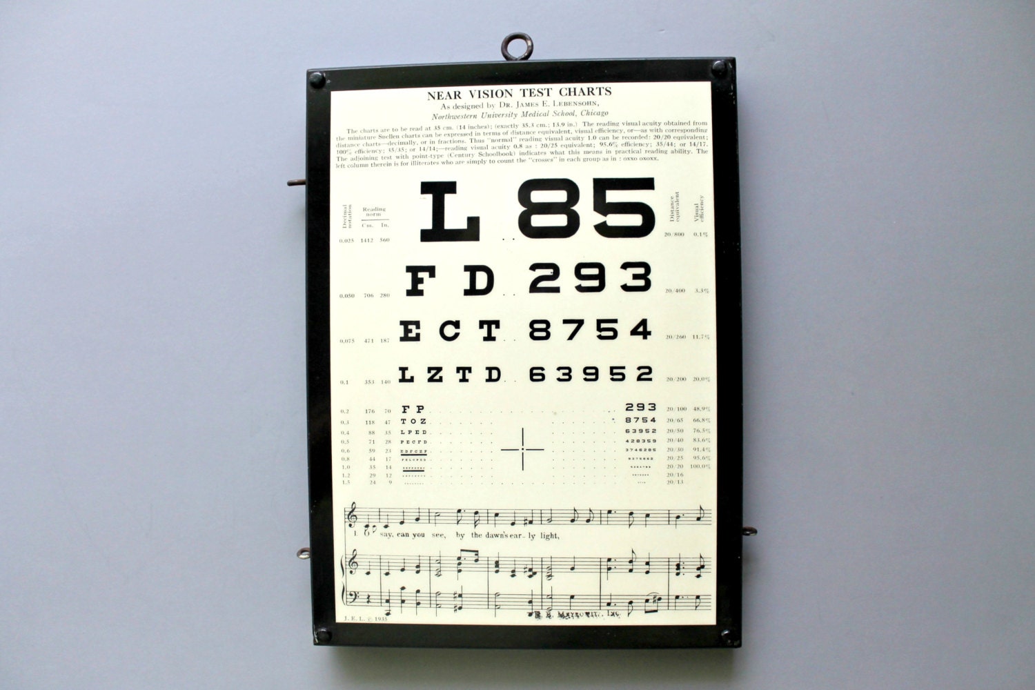 antique optical Snellen eye chart 1935 hand held doubled