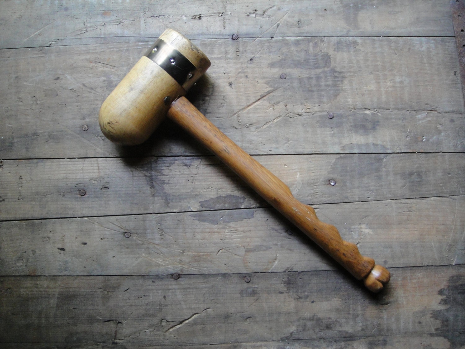Antique Carpenters Mallet Brass & Wood Mallet by RustyNailDesign
