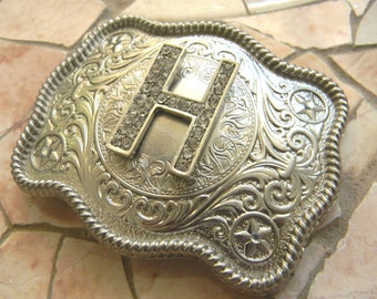 Monogram Letter I Personalized Silver Belt Buckle Rhinestone