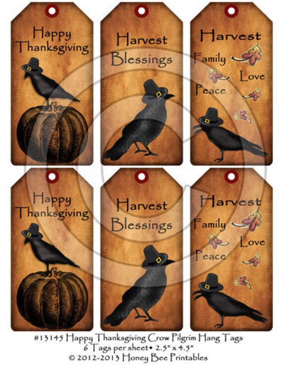 Primitive Happy Thanksgiving Crow Pilgrim Hang Tags 13145