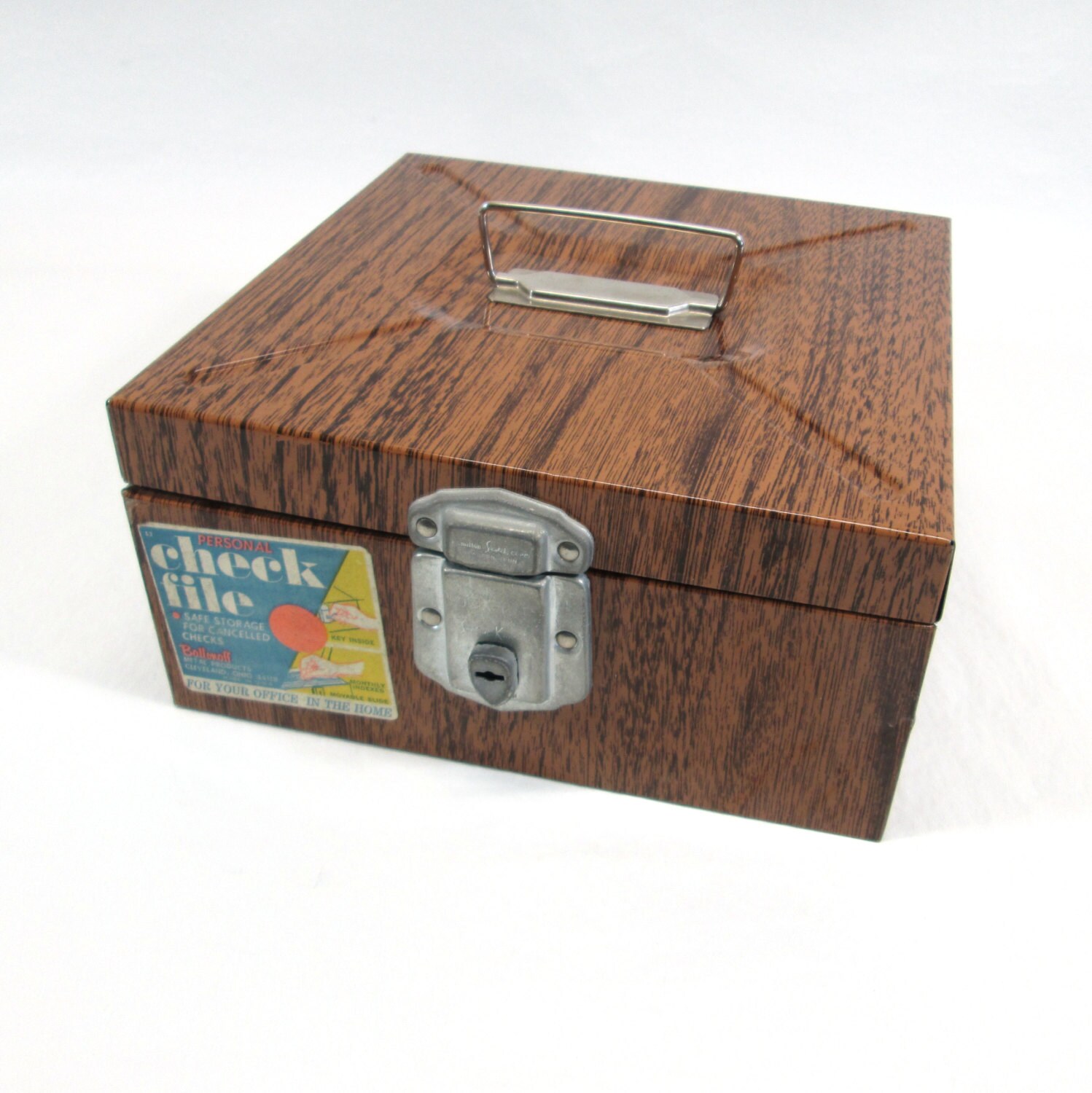 Locking Metal Check File Box Faux Woodgrain Personal Cash Box Camper ...