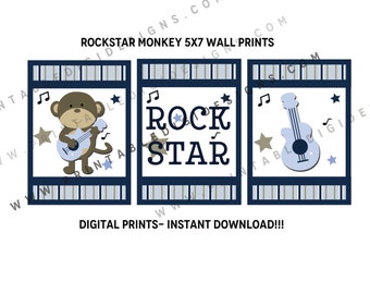 3 5x7 Rock Star Monkey Wall Art Nursery Hanging Prints Digital Instant ...