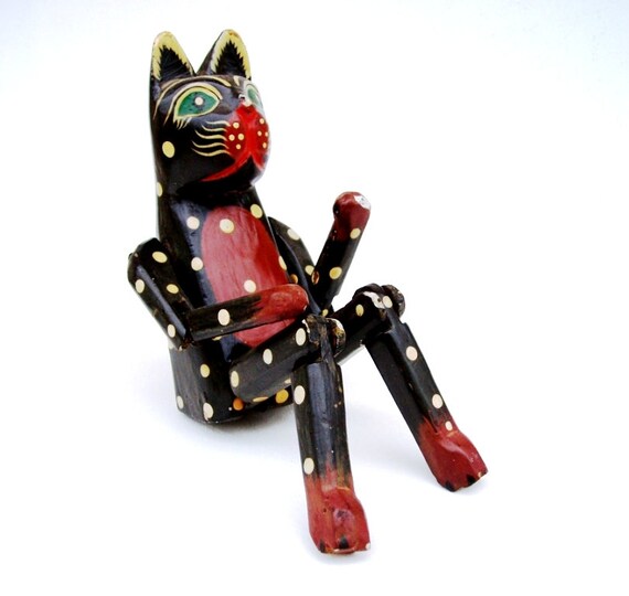 Antique Wooden Toy Cat Jointed Hand Painted Child's Toy