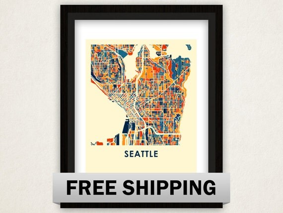 Seattle Map Print Full Color Map Poster by iLikeMaps on Etsy