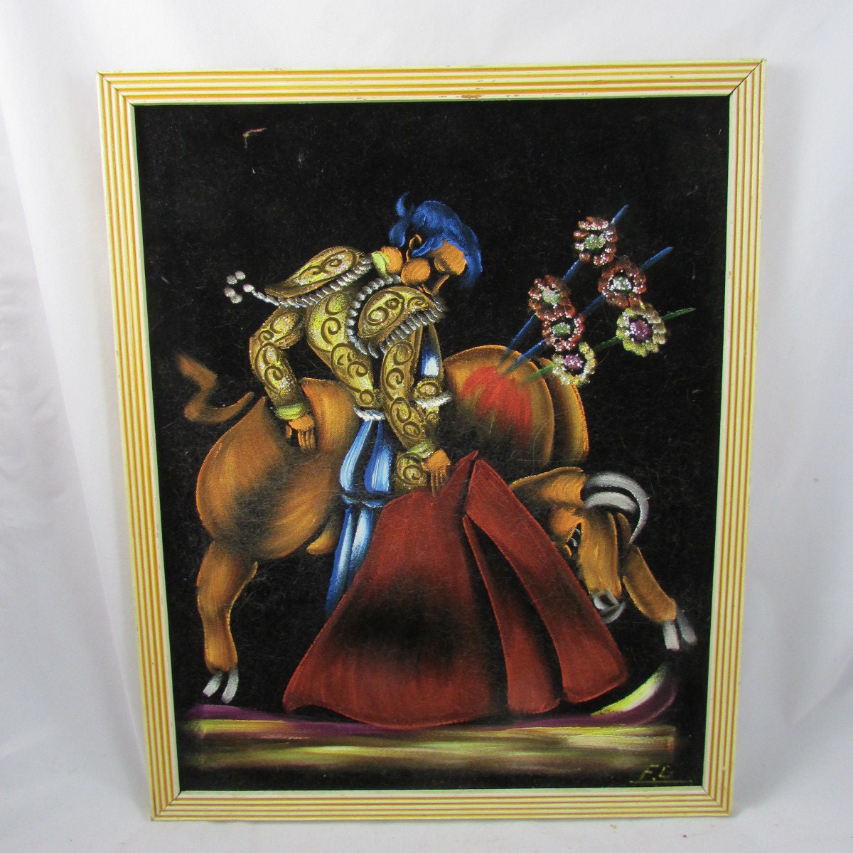 Vintage Black Velvet Matador Painting Signed FG Mexico Framed