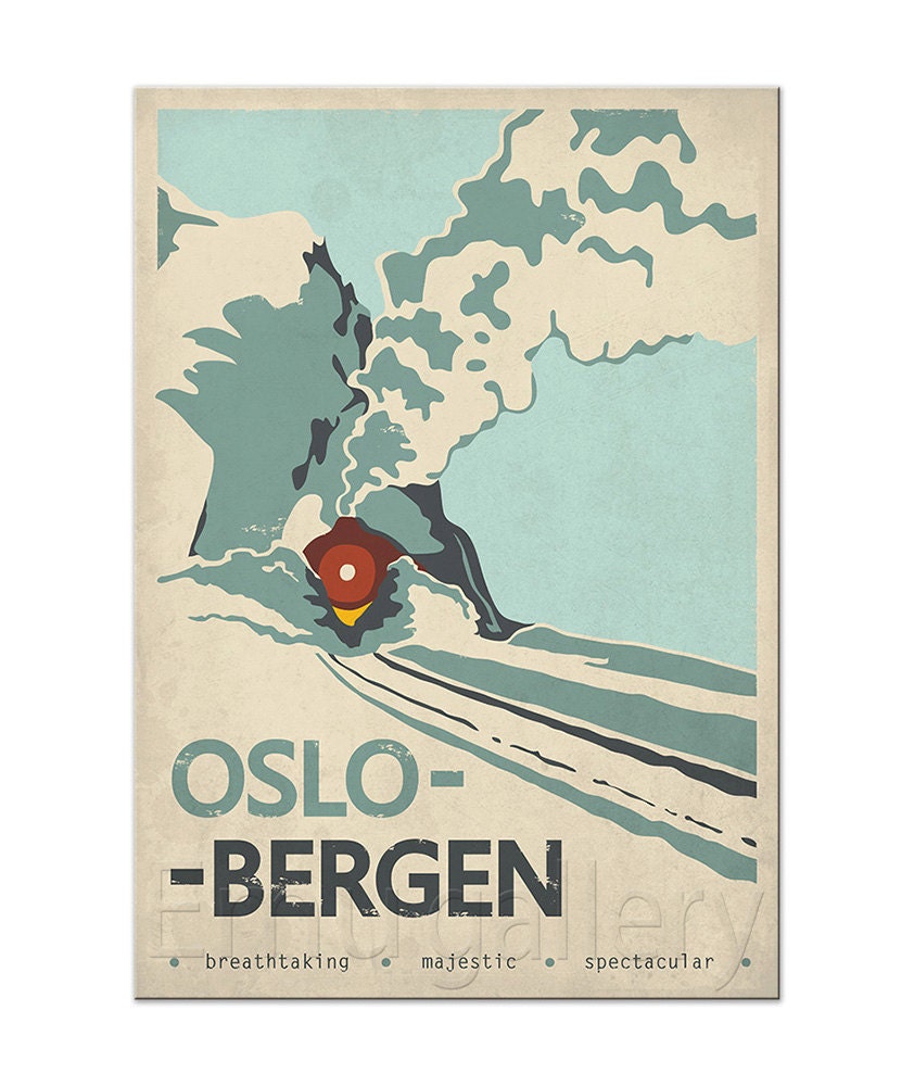 Retro travel poster Norway Oslo Bergen train by EmuDesigns on Etsy