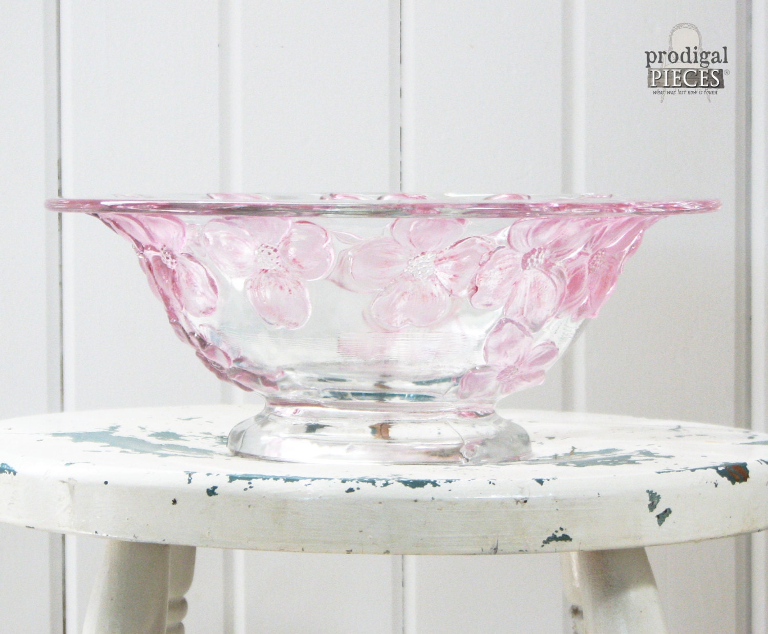 Large Vintage Glass Footed Serving Bowl with Colored Embossed Pink ...
