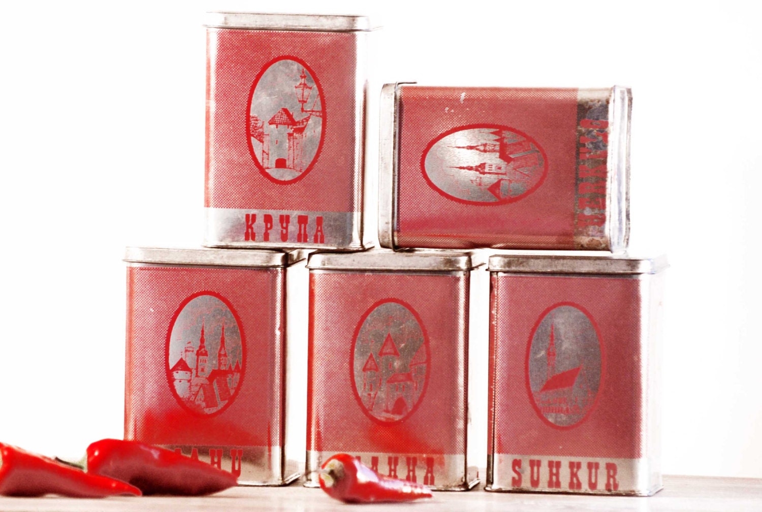Vintage kitchen tin food container set of 5, Red tin containers ...