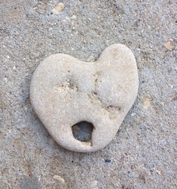 Angry Face Stone. Natural Heart Beach Stone with Hole. Holey