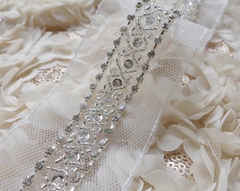 Ivory Beaded Lace Trim Crystal Rhinestone Beaded Lace Chain
